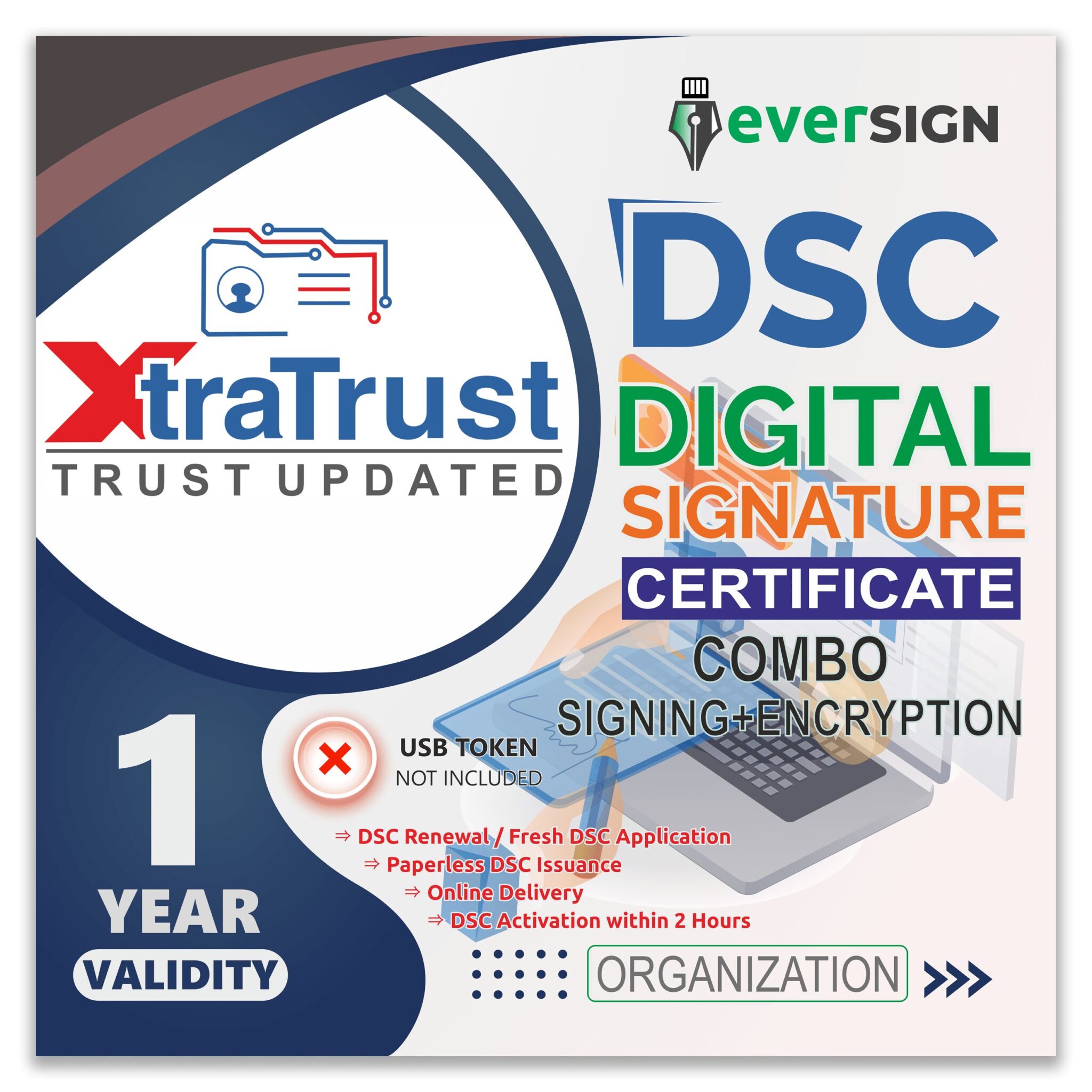 VSign (Class 3 Combo DSC) Digital Signature Certificate + Encryption - Organization - For 1 Year ...